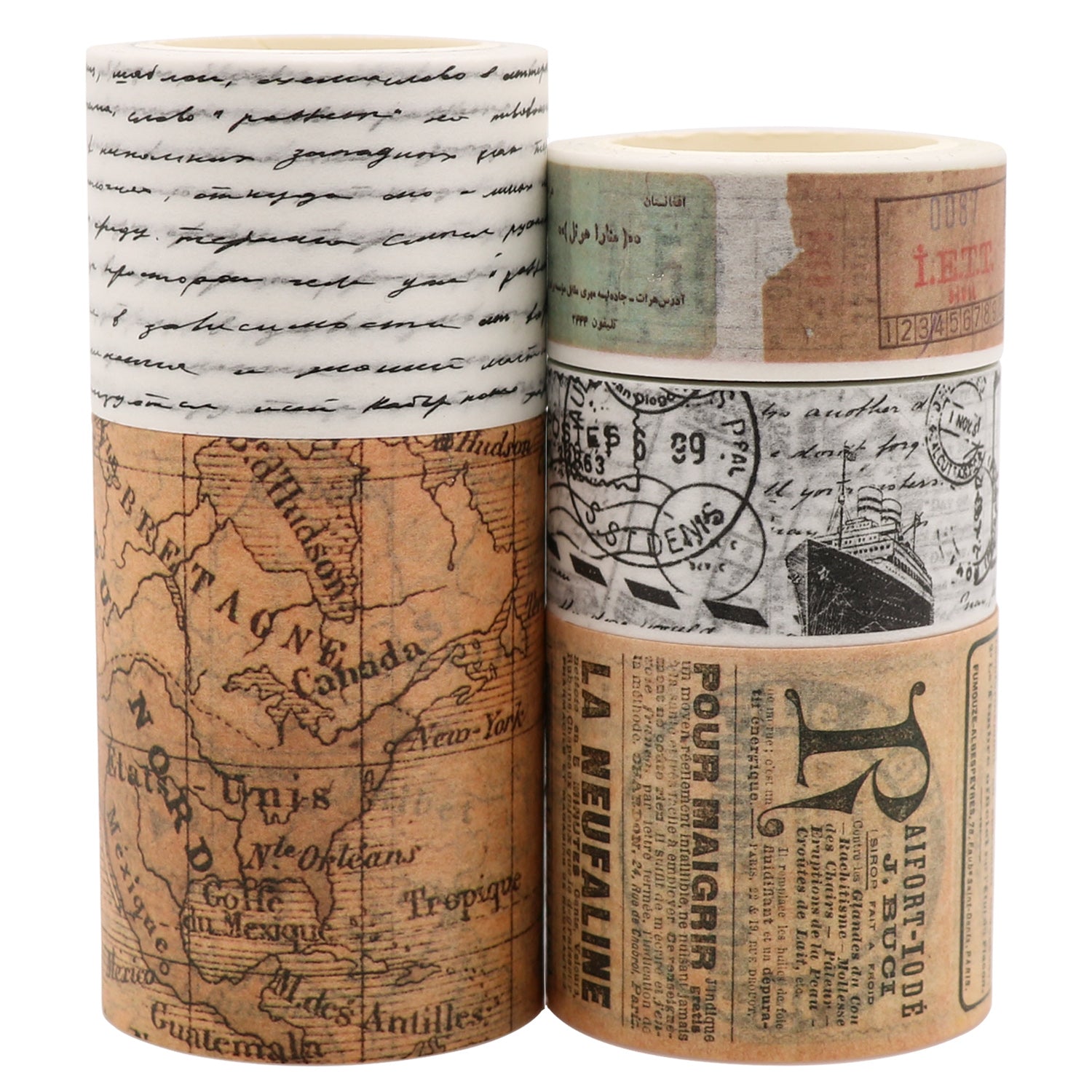 Knaid Vintage Washi Tape Set, Assorted 5 Rolls of Decorative Colored M